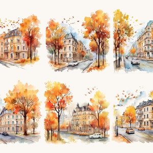 18 Watercolor Autumn City Scene Clipart Bundle Digital Download ...