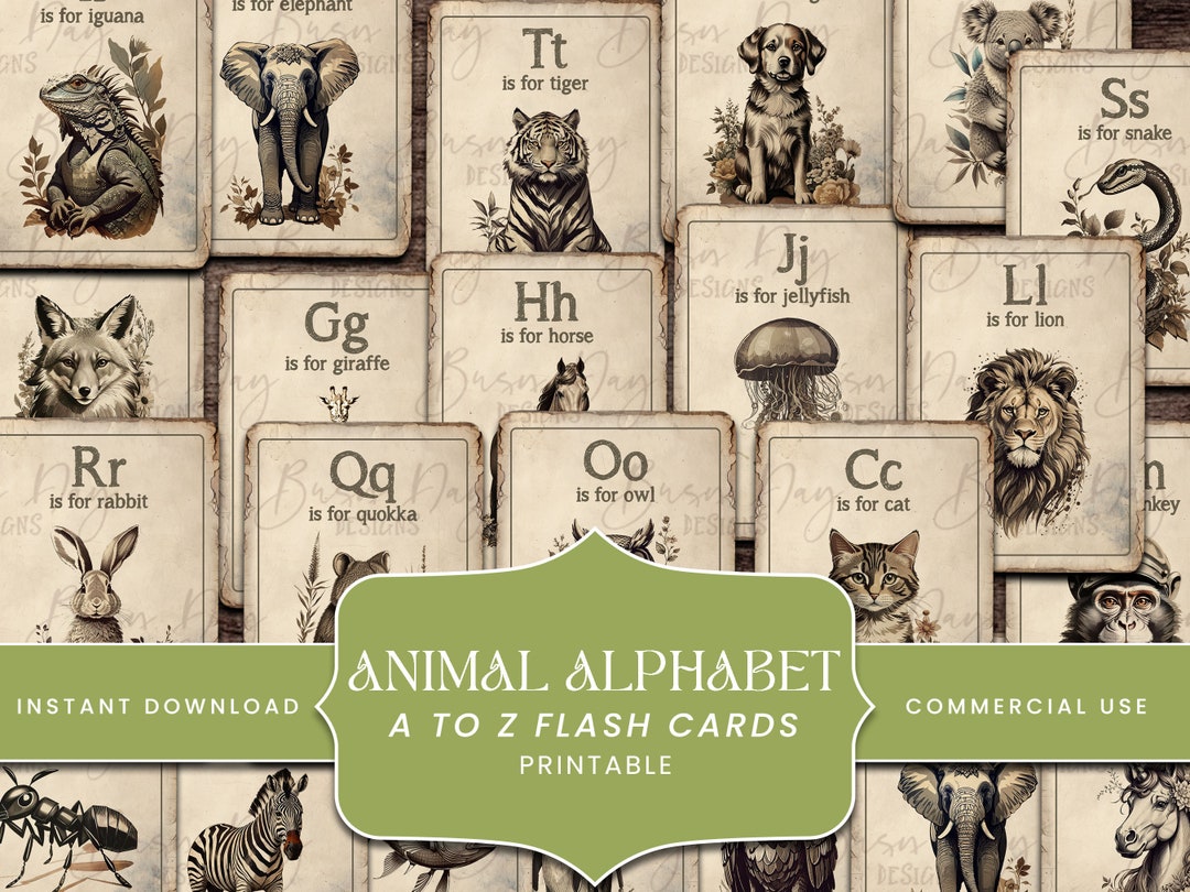 Animal Alphabet A to Z Flash Card Printable Art, Instant Download ...