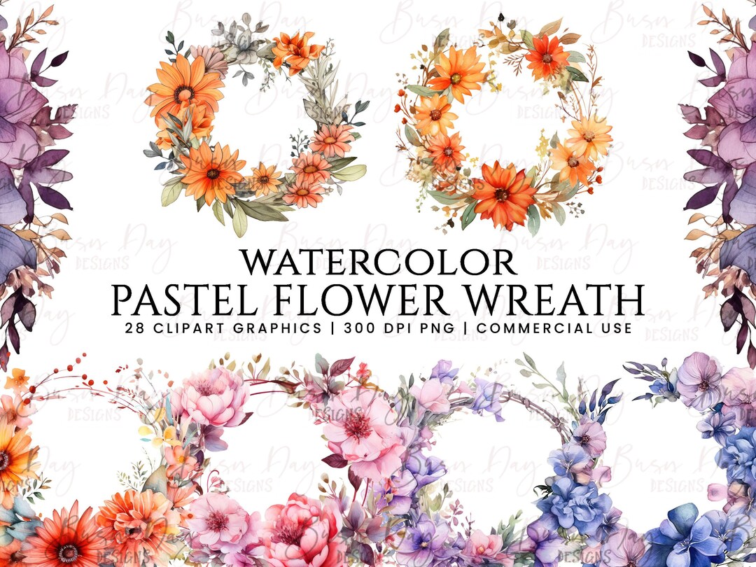 28 Watercolor Pastel Flower Wreath Bundle, Commercial Use, Digital ...