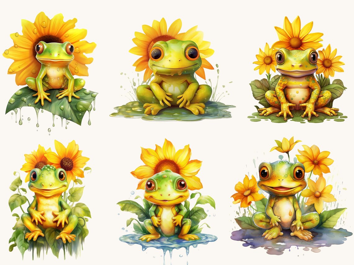 Watercolor Baby Frog Sunflower Clipart Bundle (digital Download) - Etsy