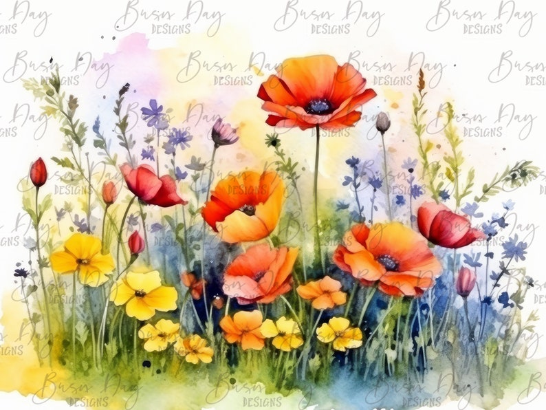 Watercolor Wildflower Field Background Graphics: 24 PNG Clipart ...