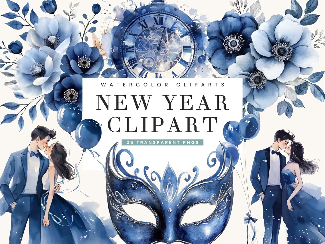 Watercolor New Year Clipart Bundle: Festive PNG Designs (digital ...
