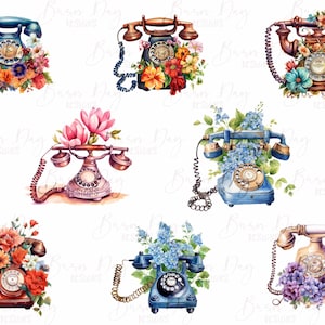 Watercolor Telephone Clipart Bundle: Floral PNG Graphics (digital ...