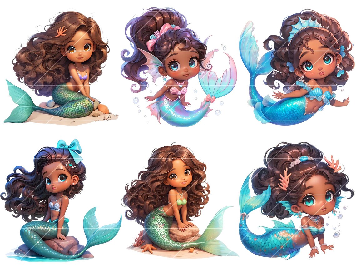 30 Cute Black Mermaid Clipart Bundle Sublimation Designs Digital ...