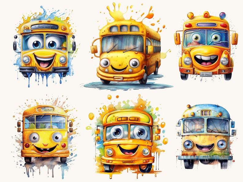 Watercolor Funny Faces School Bus Clipart Bundle (digital Download) - Etsy