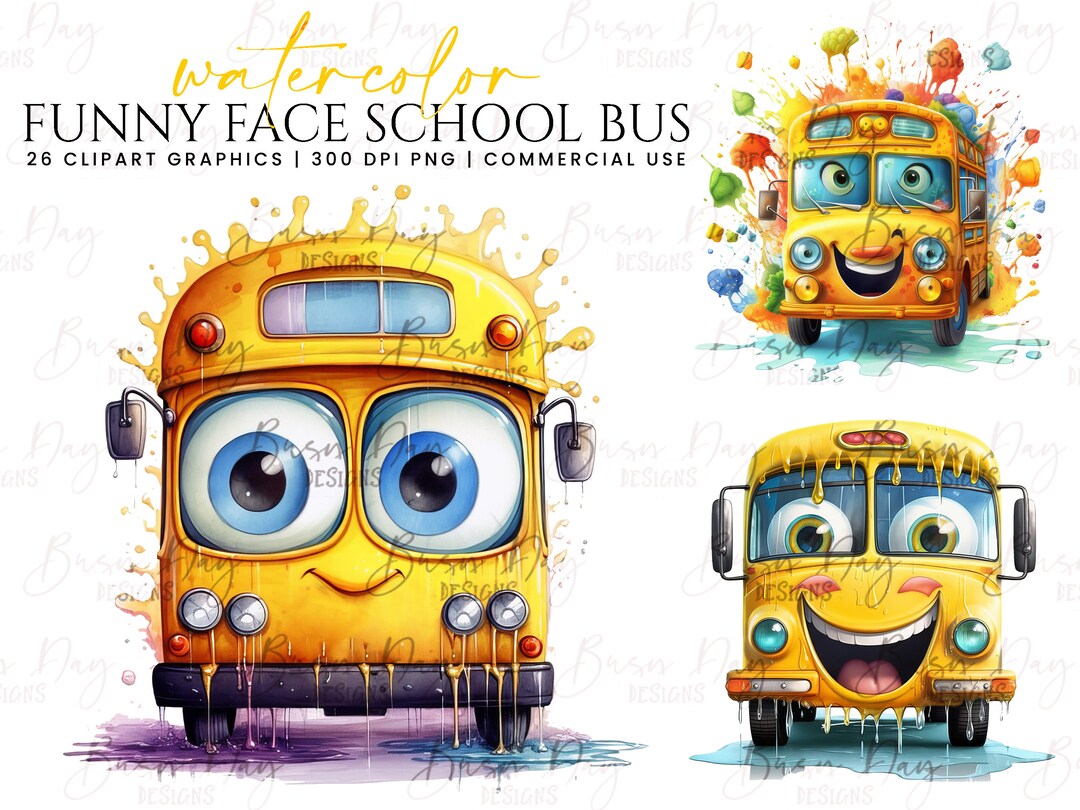 Watercolor Funny Faces School Bus Clipart Bundle, Digital Download ...
