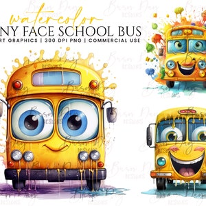 Watercolor Funny Faces School Bus Clipart Bundle, Digital Download ...