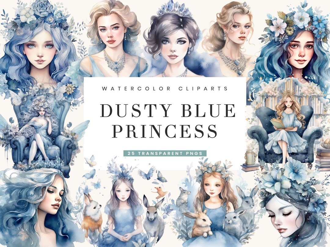 Watercolor Dusty Blue Princess Clipart Bundle: 25 Pngs (digital ...
