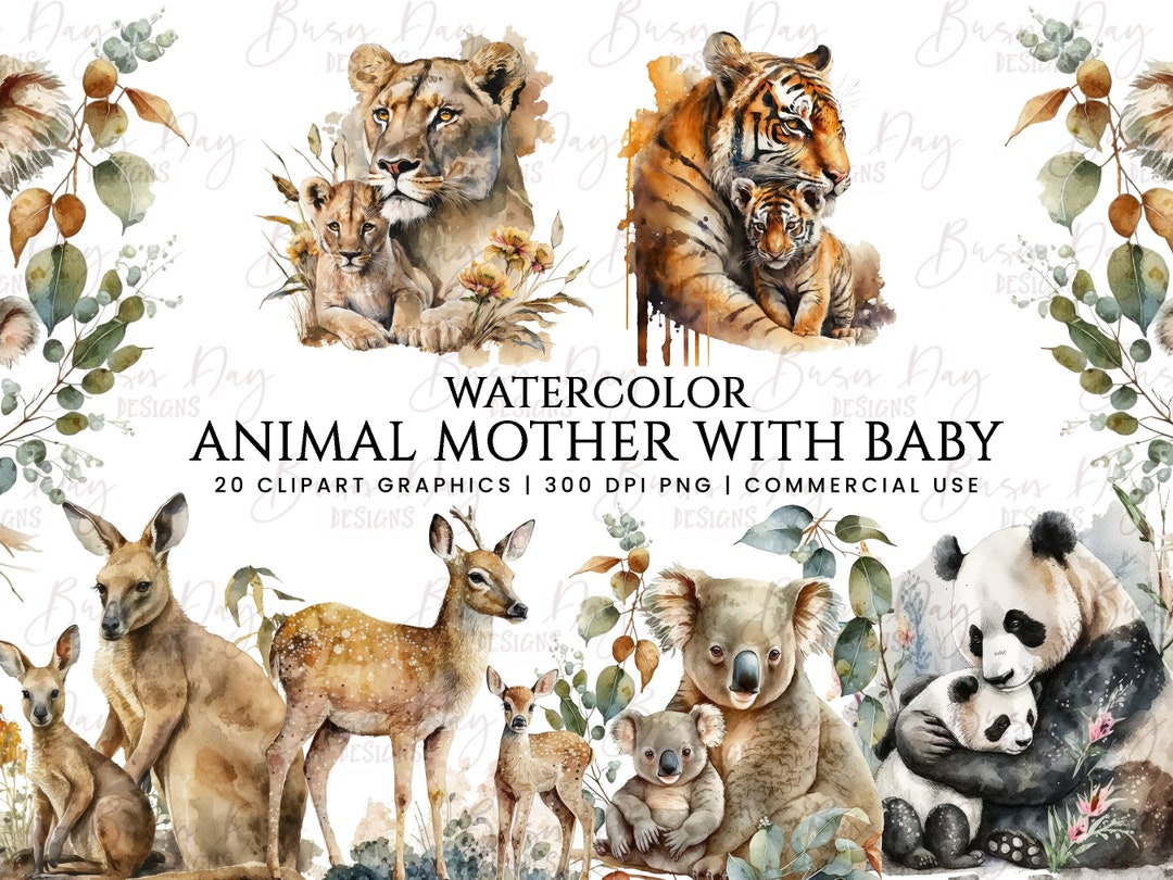 Watercolor Animal Mother With Baby Clipart Watercolor - Etsy