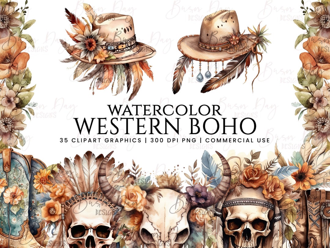 Watercolor Western Boho Clipart Bundle (35 PNG) - Etsy