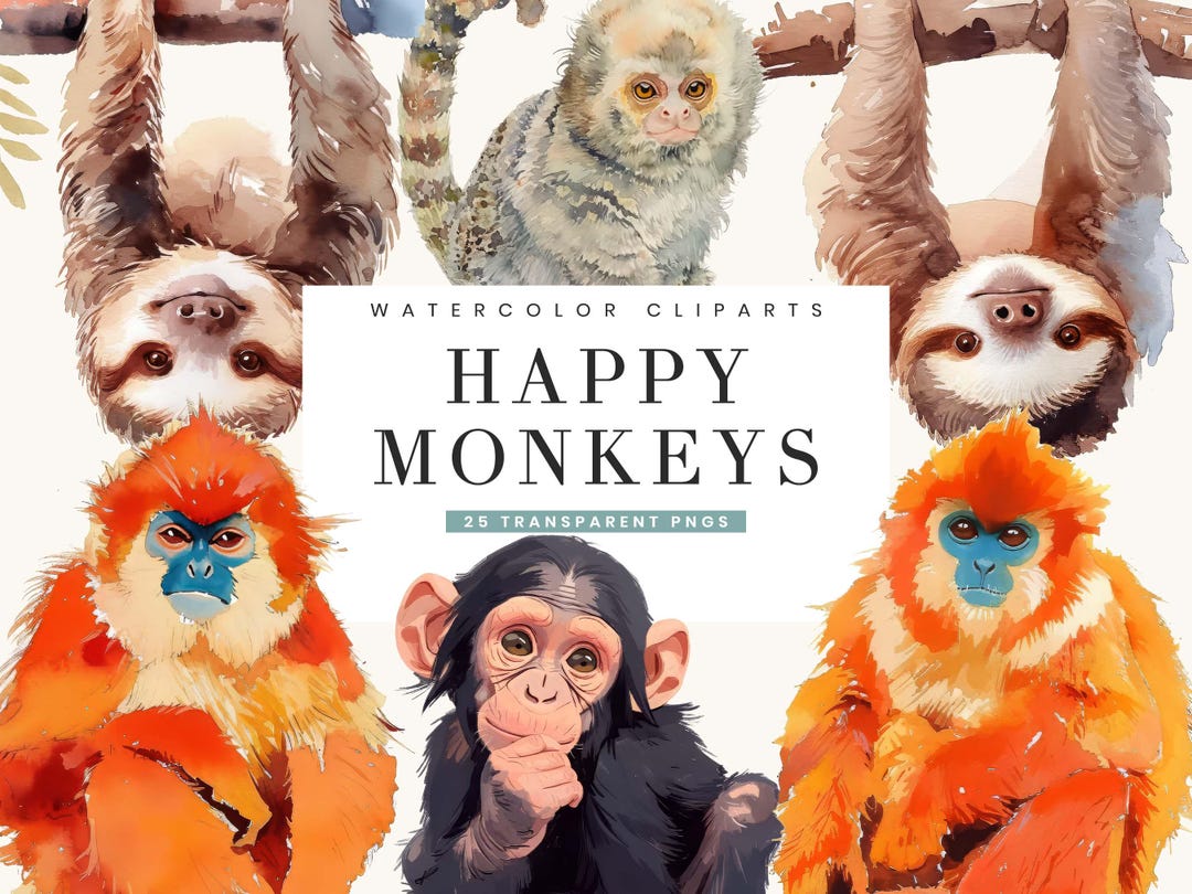 25 Watercolor Happy Monkeys Clipart Bundle Sublimation Designs Digital ...