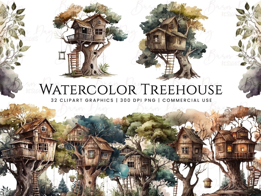 Watercolor Treehouse Clipart Commercial Use Digital - Etsy