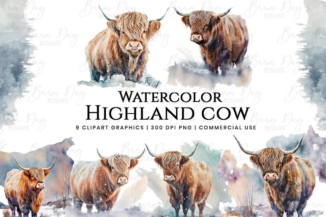 Watercolor Highland Cow Clipart: Countryside PNG Bundle (digital ...