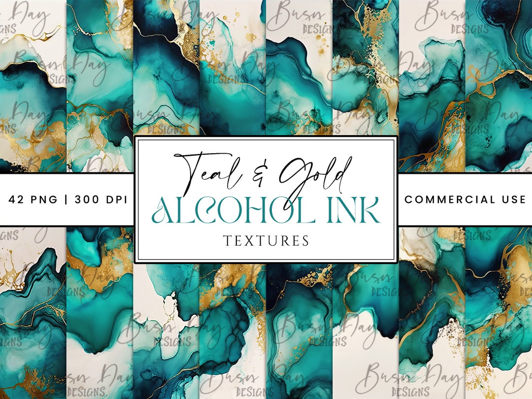 Teal and Gold Alcohol Ink Textures: 42 PNG Backgrounds (digital ...