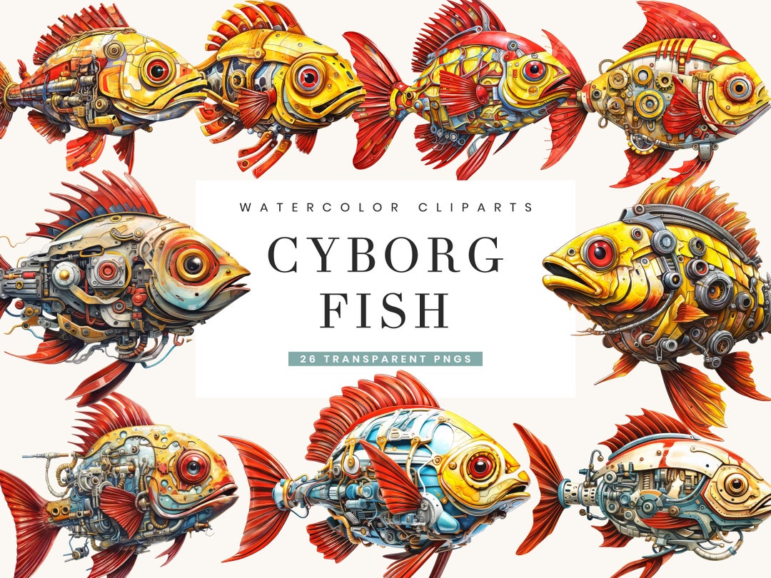 26 Fishborg Cyborg Fish Printable Surreal Clipart Bundle Sublimation ...