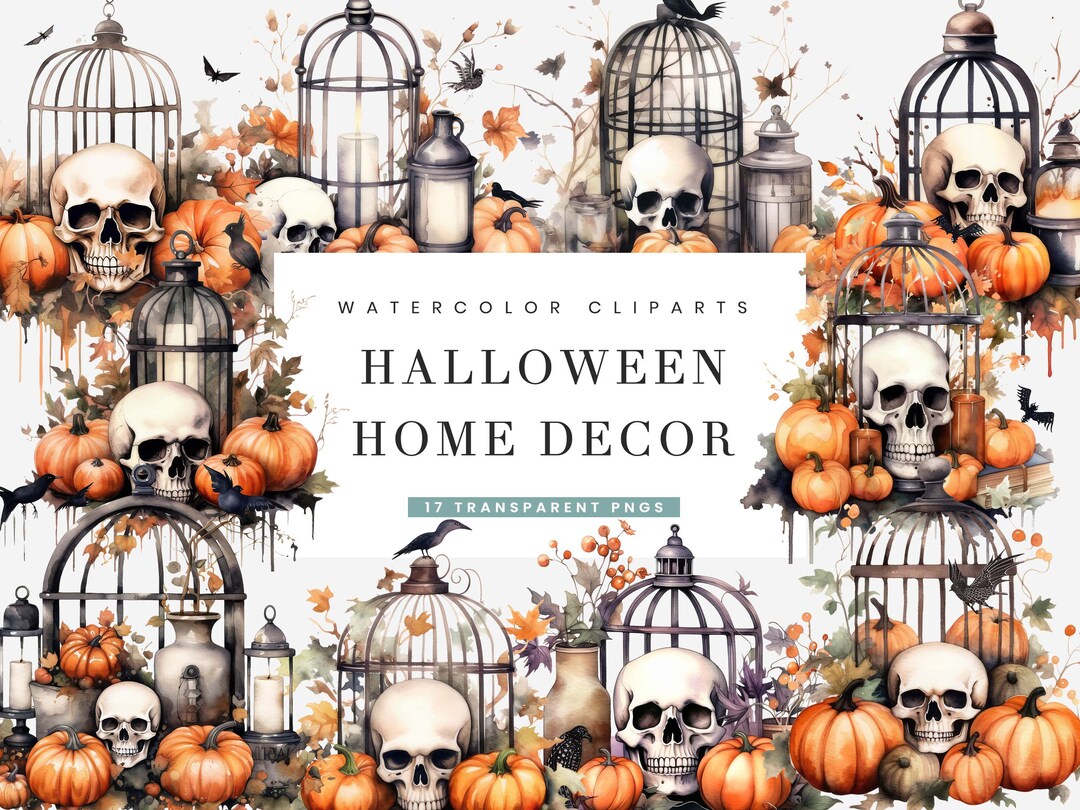 17 Watercolor Halloween Home Decor Clipart Bundle Sublimation Designs ...