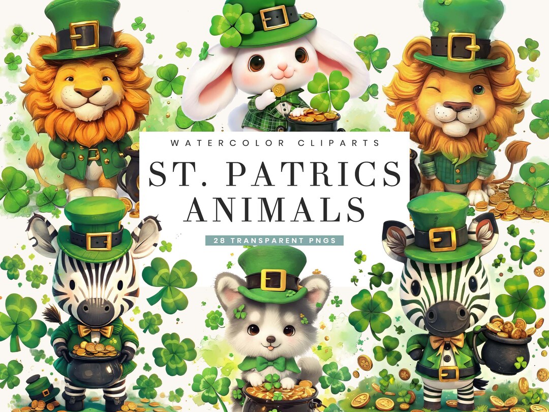 28 Watercolor Cute Saint Patricks Day Animals Clipart Bundle ...