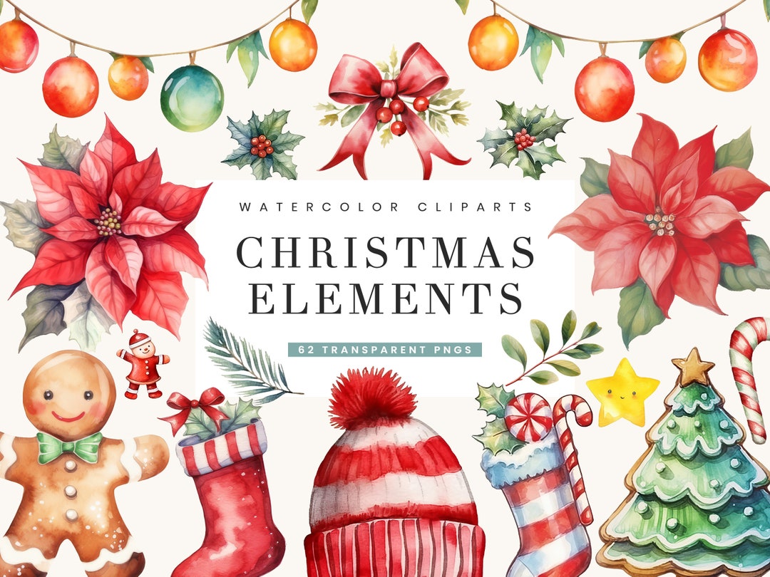 Watercolor Christmas Clipart Bundle: 62 PNG Elements (digital Download ...