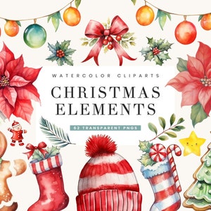 Watercolor Christmas Clipart Bundle: 62 PNG Elements (digital Download ...
