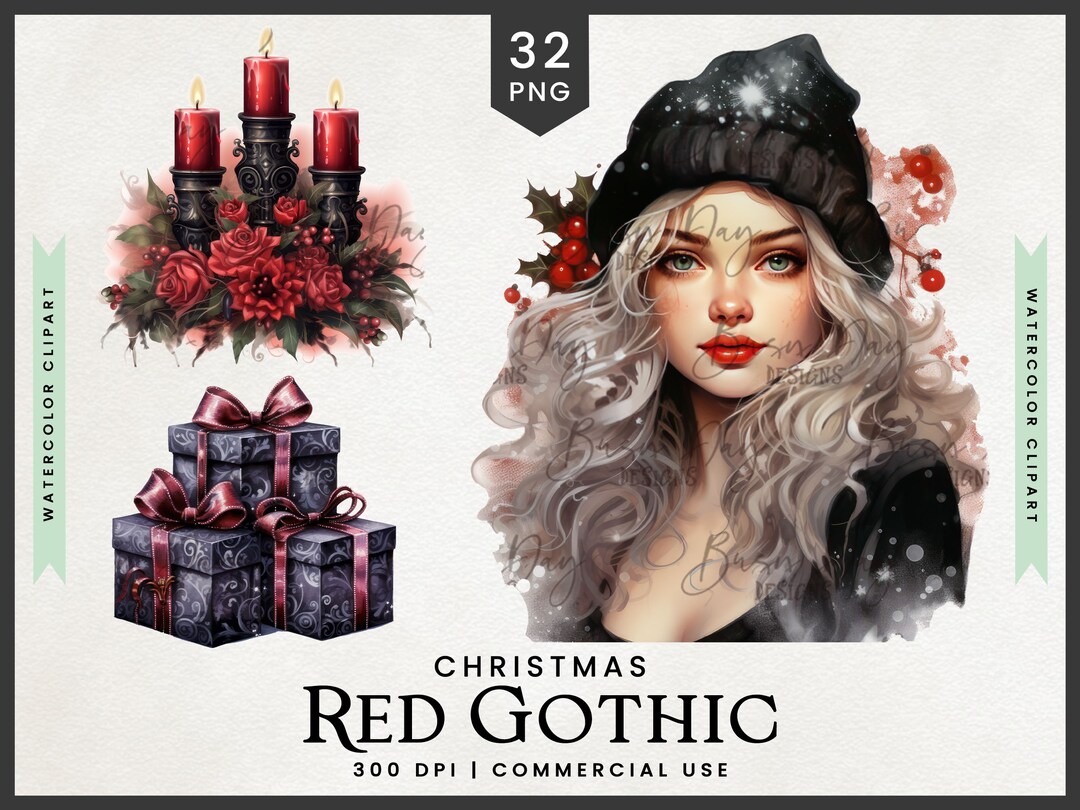 Watercolor Red Gothic Christmas Clipart Bundle Digital - Etsy