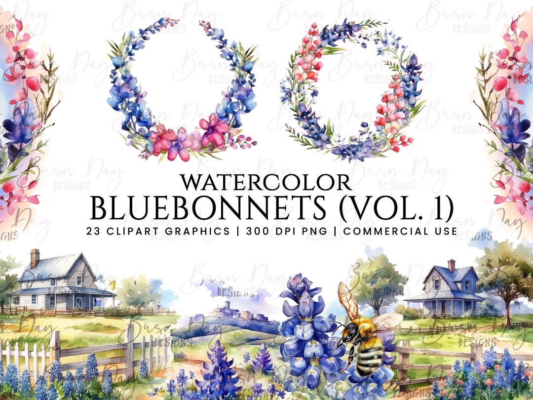 Watercolor Bluebonnets Clipart Bundle: AI Illustration (digital ...