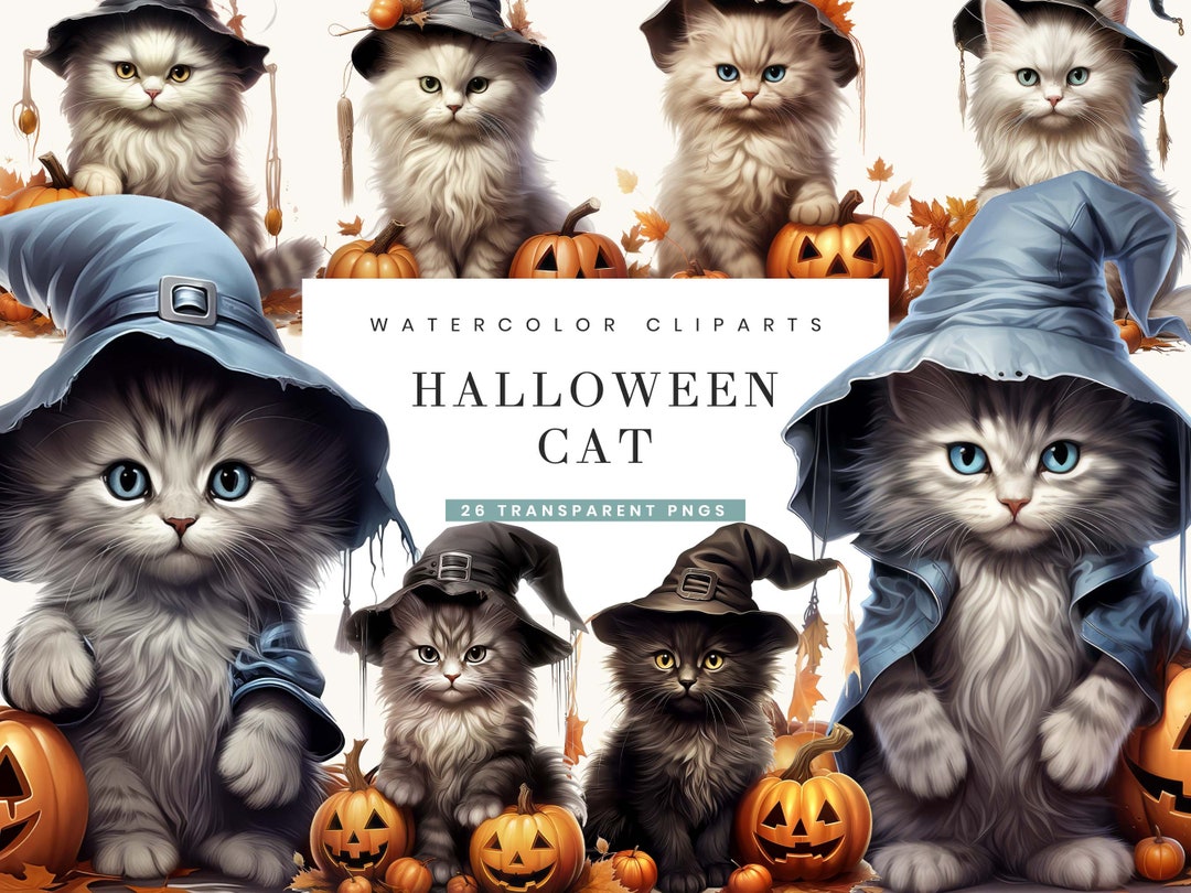 26 Watercolor Halloween Cat Clipart Bundle Sublimation Designs, Instant ...