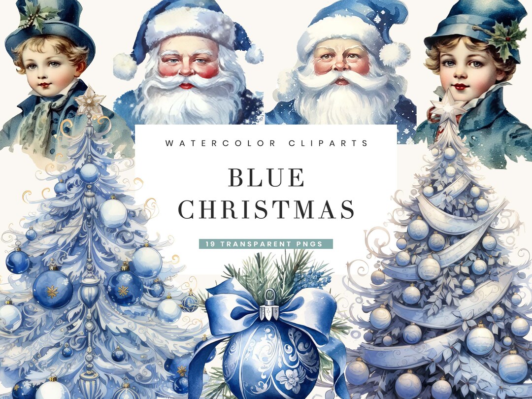 19 Watercolor Vintage Blue Christmas Clipart Bundle Digital Download ...