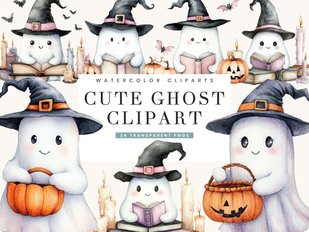 24 Watercolor Halloween Cute Ghost Clipart Bundle Sublimation Designs ...