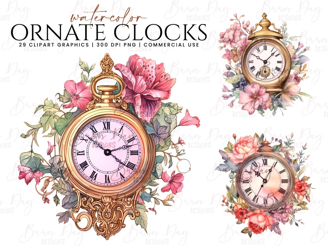 Watercolor Ornate Clocks Clipart Bundle Digital Download Commercial Use ...