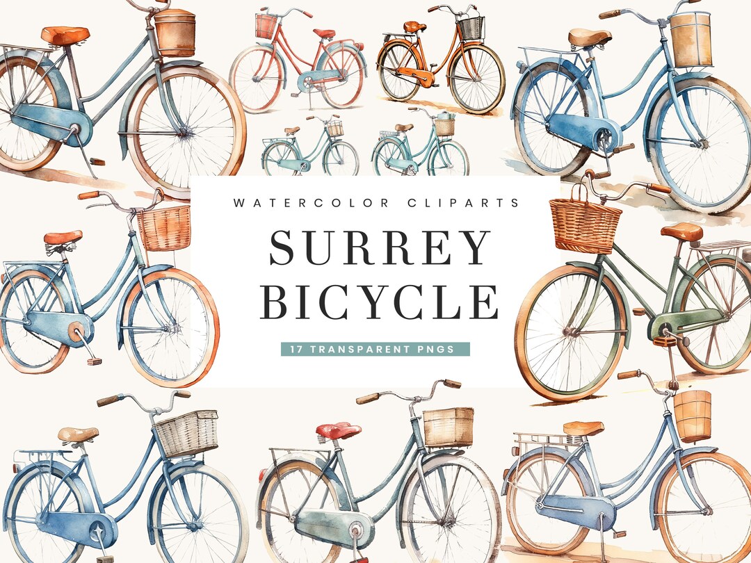 Watercolor Vintage Bicycle Clipart Bundle: 17 PNG Designs (digital ...