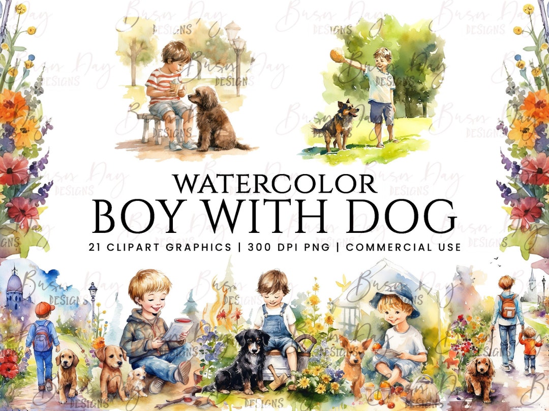 Watercolor Boy and Dog Clipart: Commercial Graphics (digital Download ...