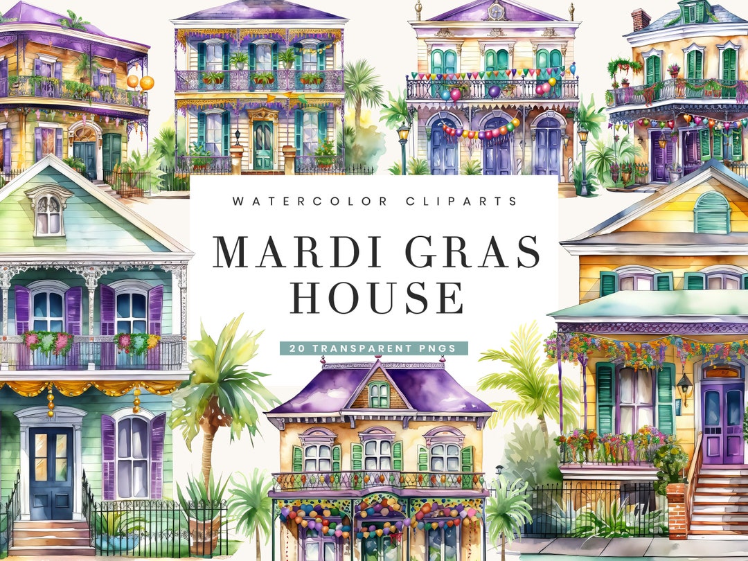 20 Watercolor Mardi Gras House Clipart Bundle Sublimation Designs ...