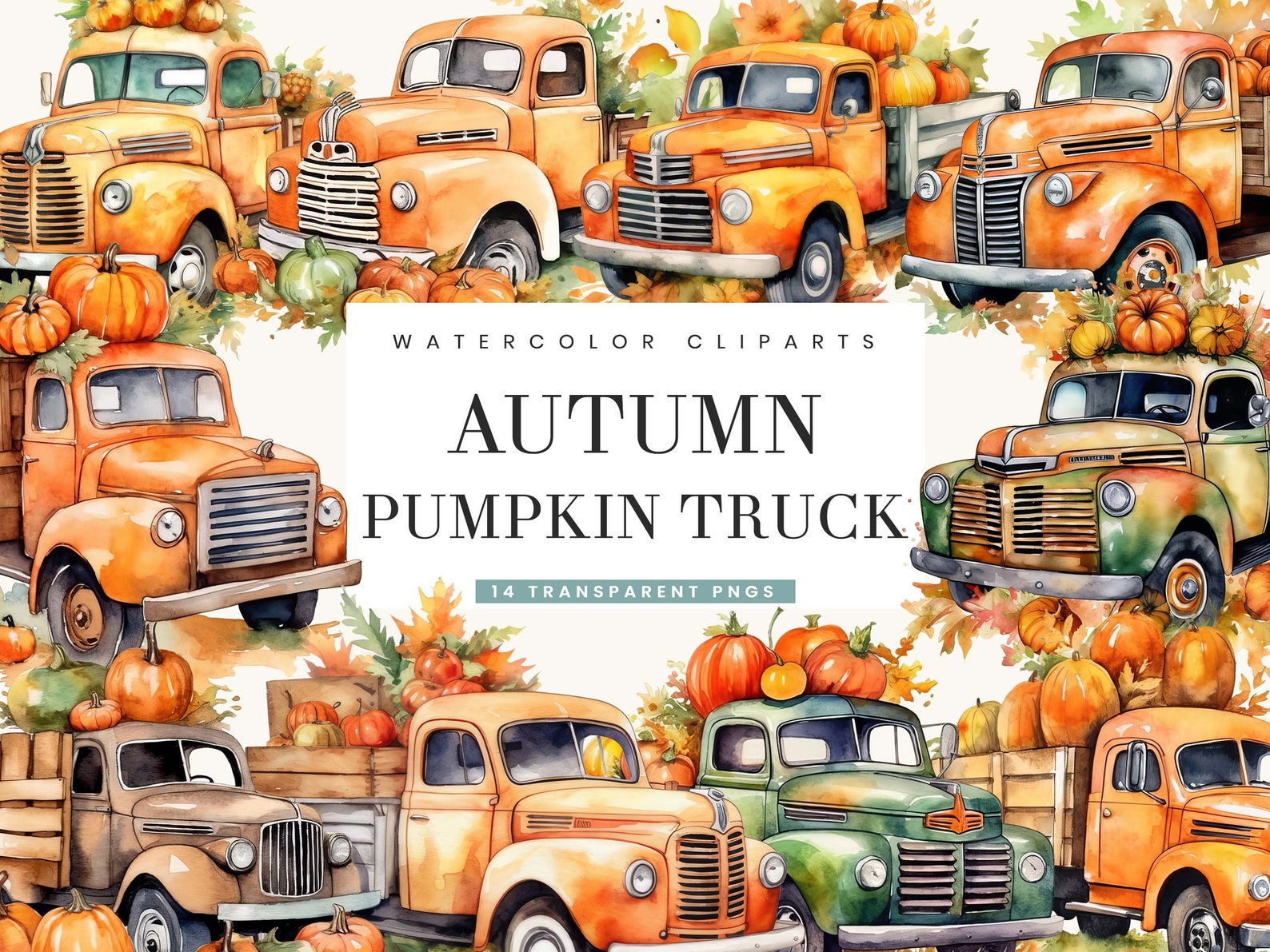 Watercolor Autumn Pumpkin Truck Clipart: 14 PNG Designs (digital ...