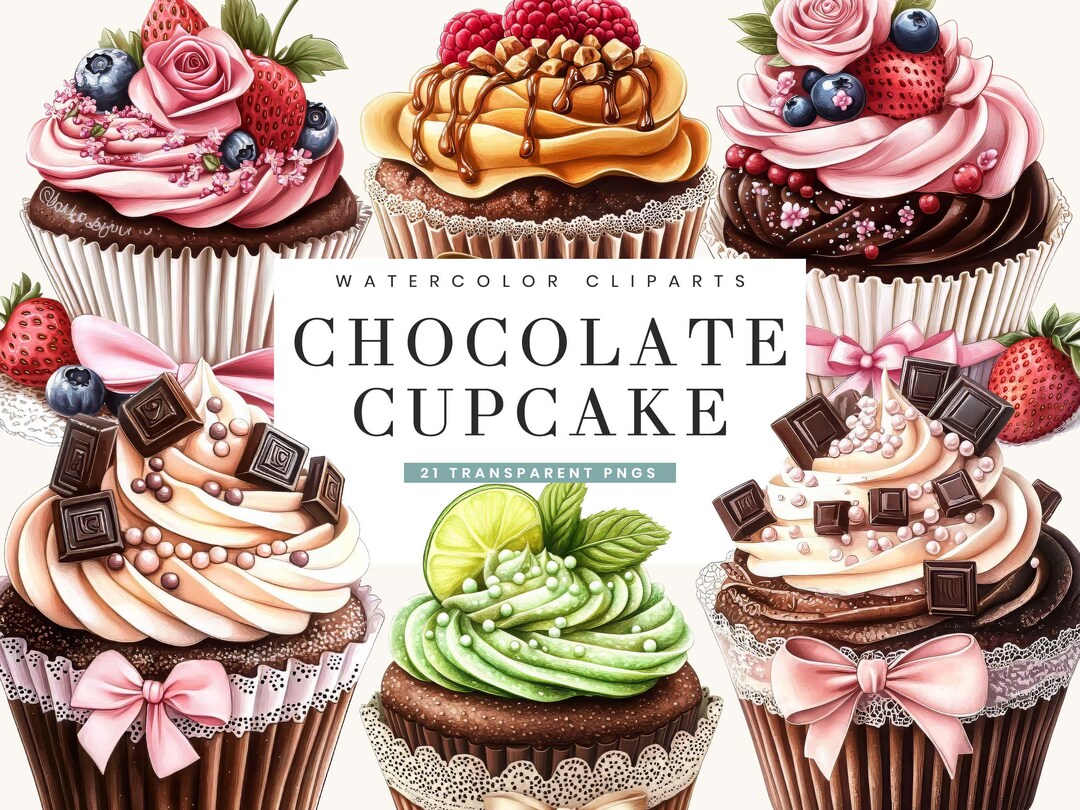 Watercolor Chocolate Cupcake Clipart: 21 PNG Designs (digital Download ...