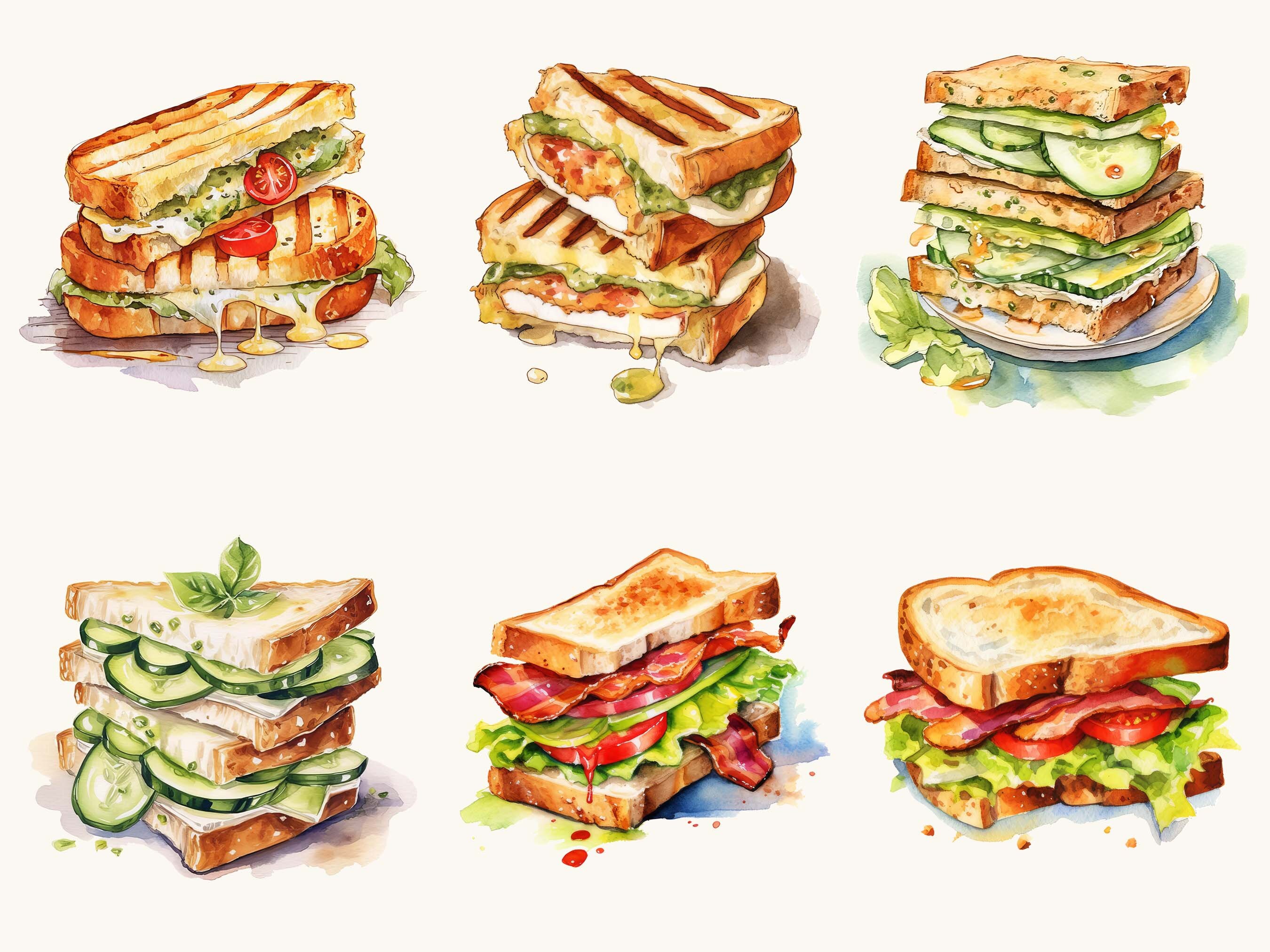 Watercolor Sandwiches Clipart Bundle: 30 PNG Digital Prints (commercial ...