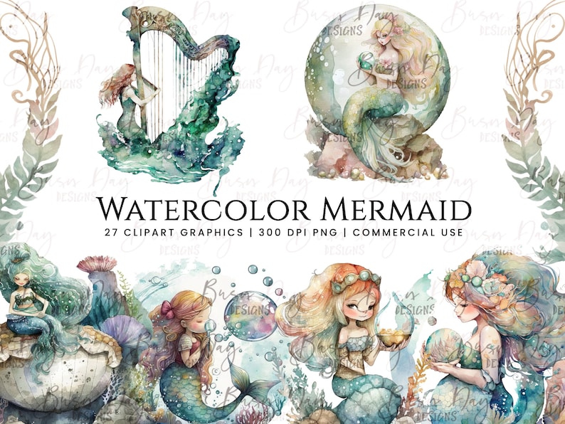 Watercolor Mermaid Clipart Bundle: 27 PNG Graphics (digital Download ...