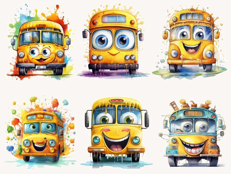 Watercolor Funny Faces School Bus Clipart Bundle (digital Download) - Etsy
