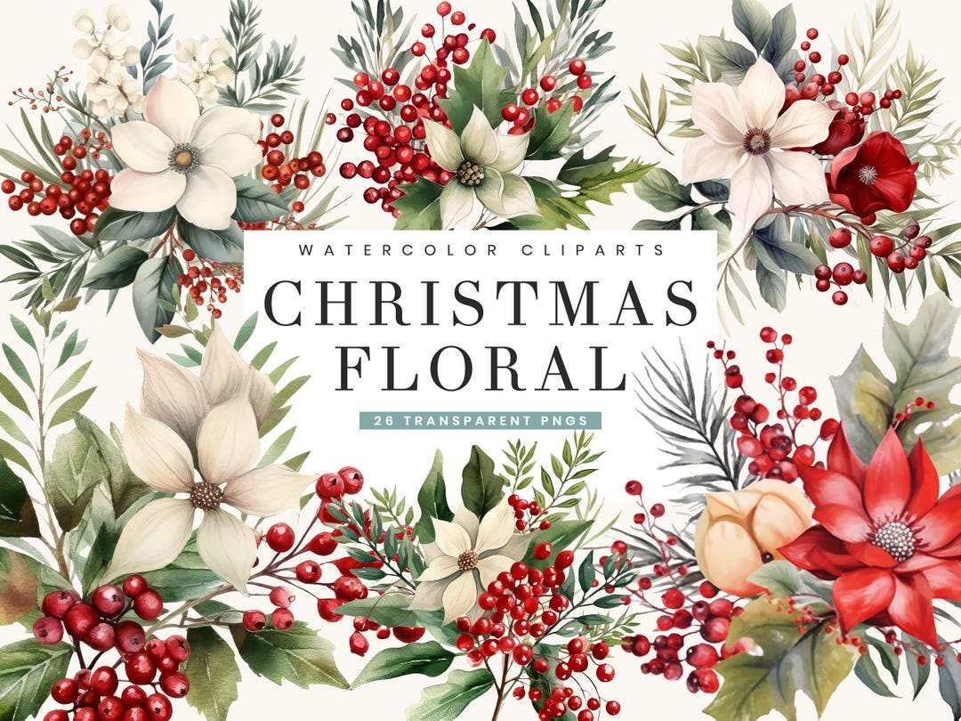 Christmas Floral Clipart Bundle: 26 Watercolor PNG Designs (digital ...