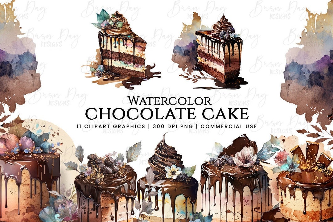 Watercolor Chocolate Cakes Clipart Bundle: Floral Wedding Cake Art ...