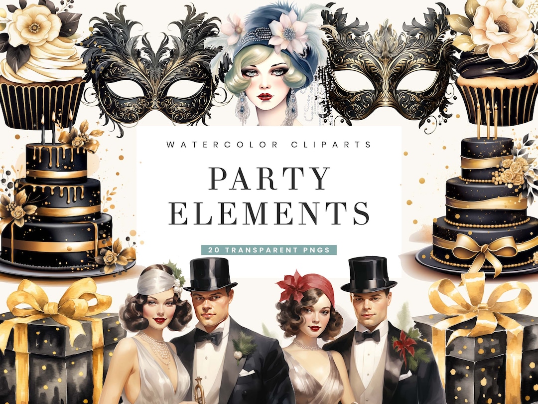20 Watercolor 1920s Party Element Clipart Bundle Sublimation Designs ...
