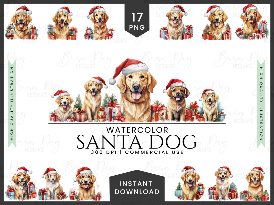 Watercolor Santa Dog Clipart Bundle Printable Art Digital Download ...