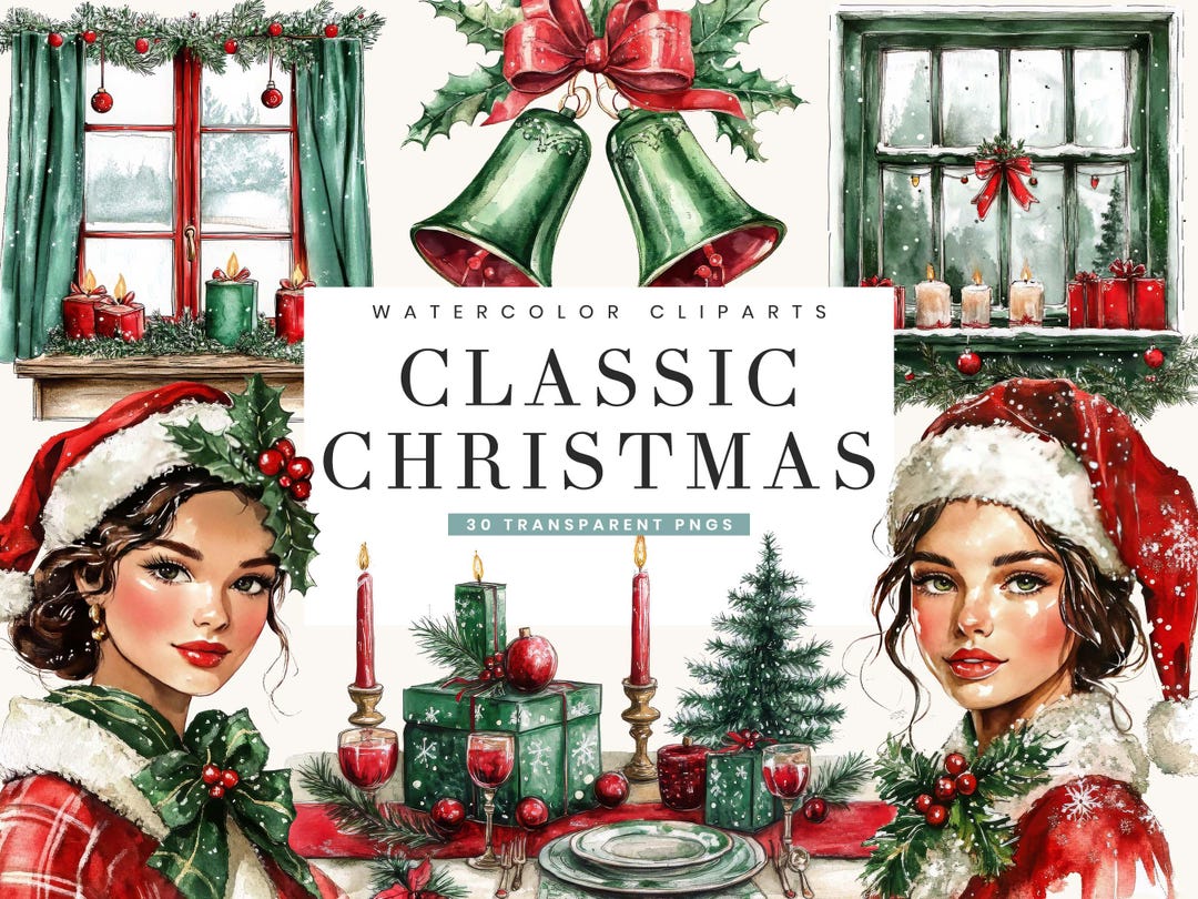 30 Watercolor Classic Christmas Clipart Bundle Sublimation Designs ...