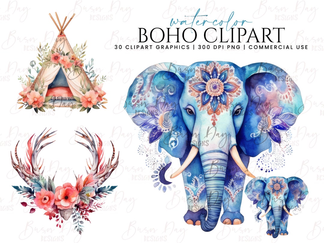 Watercolor Boho Clipart Bundle, Digital Download, Sublimation Designs ...