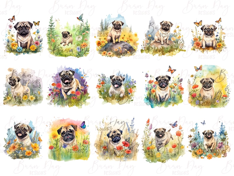 Watercolor Playful Pug Clipart Bundle (digital Download) - Etsy