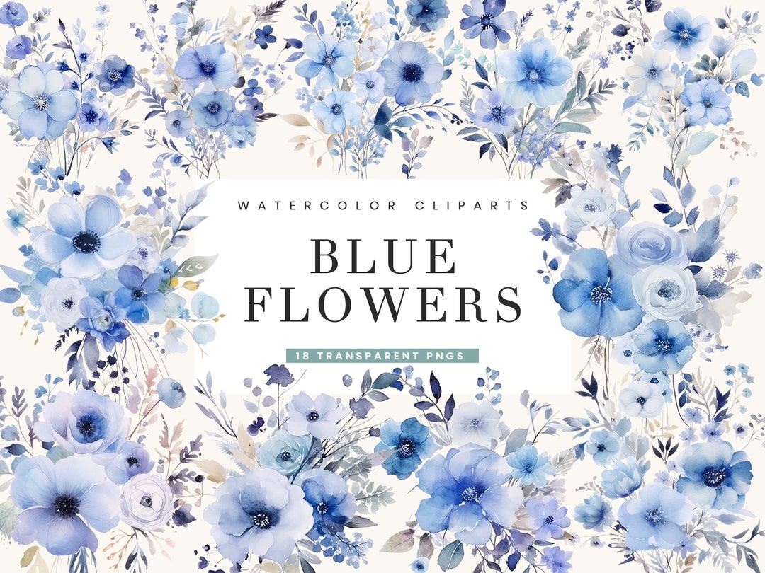 18 Watercolor Blue Flowers Clipart Bundle Digital Download Printable ...