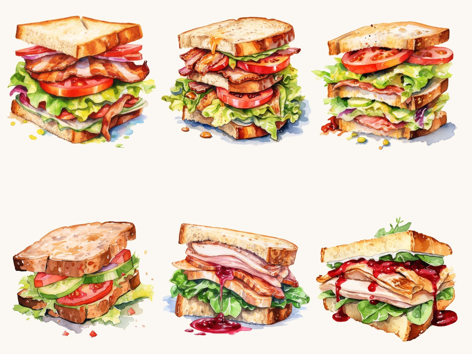 Watercolor Sandwiches Clipart Bundle: 30 PNG Digital Prints (commercial ...