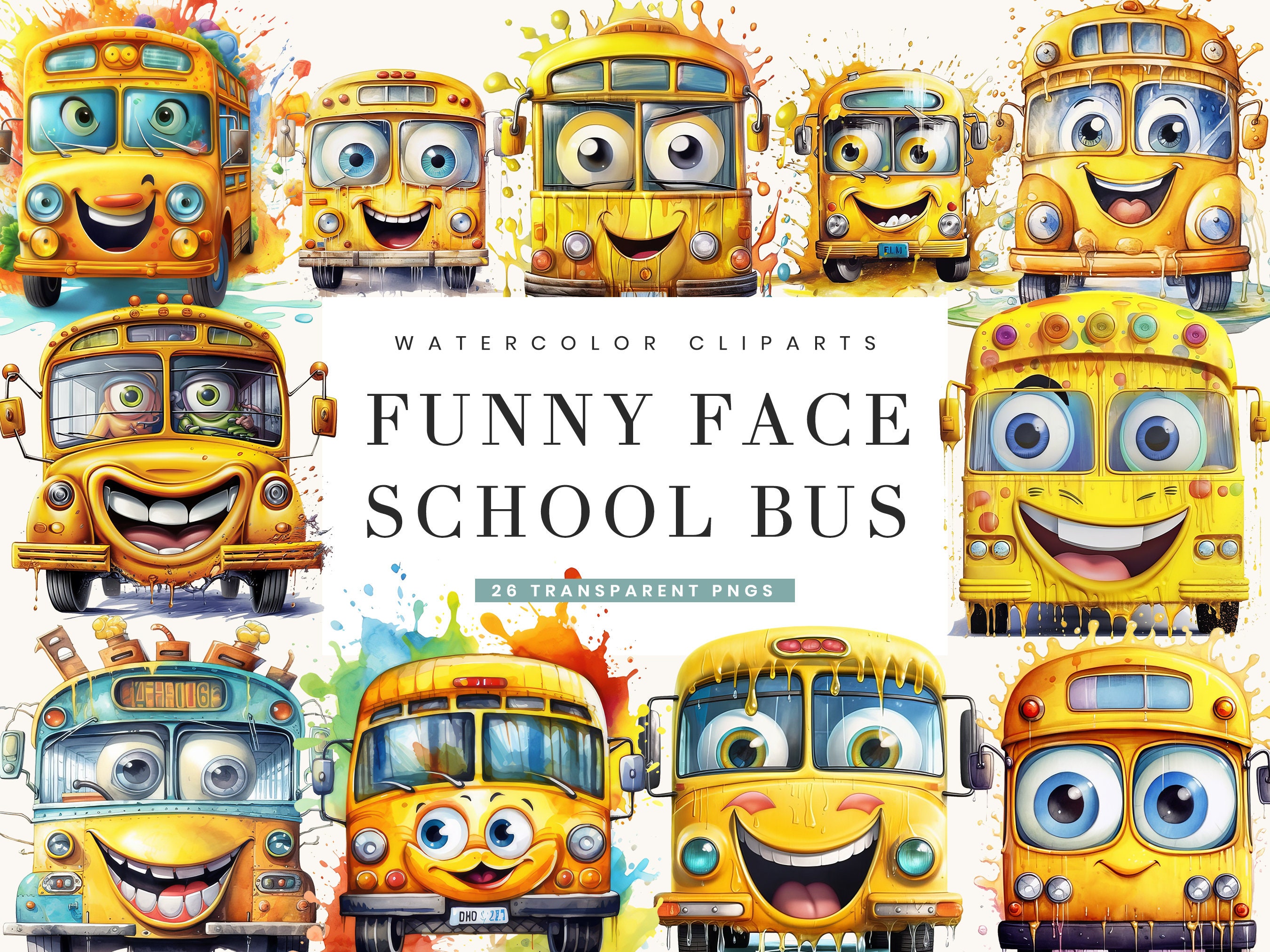 Watercolor Funny Faces School Bus Clipart Bundle (digital Download) - Etsy