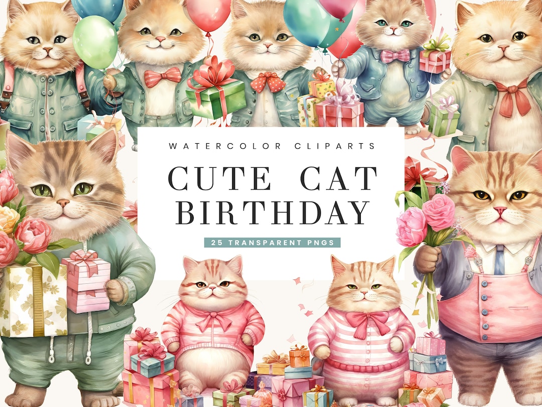 Watercolor Cat Birthday Clipart: 25 PNG Designs (digital Download) - Etsy