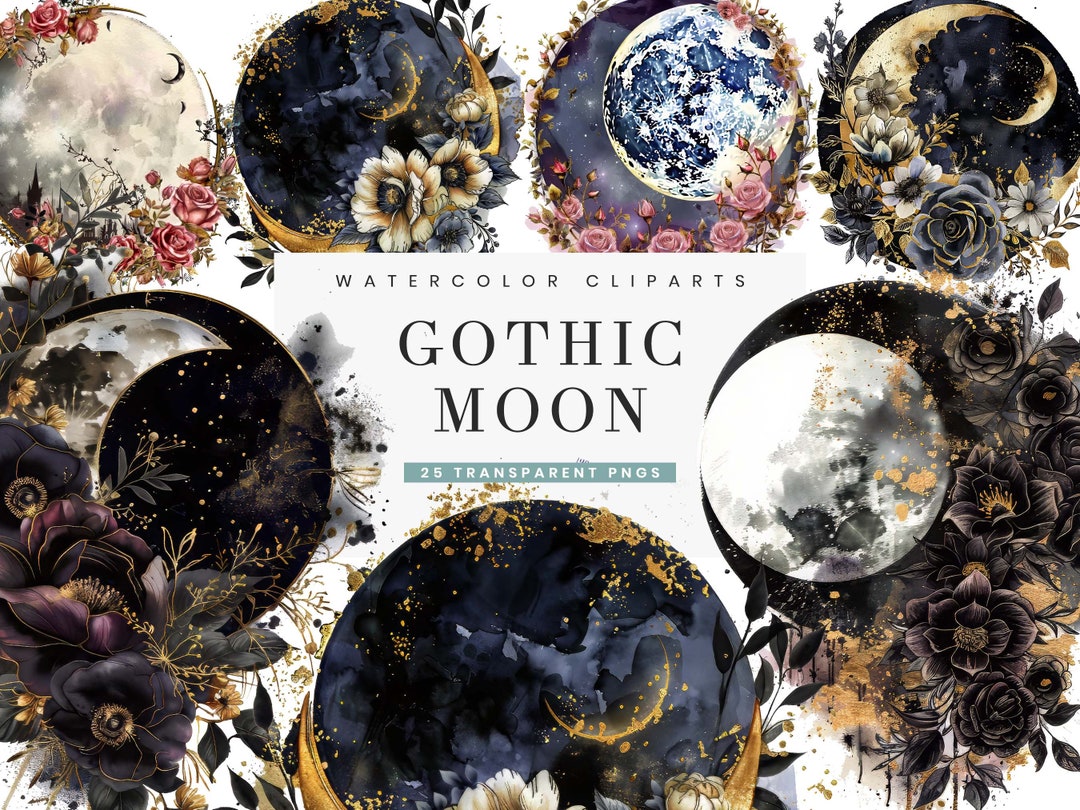 Watercolor Gothic Moon Clipart: Sublimation PNG Bundle (digital ...