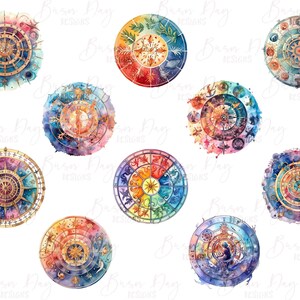 Watercolor Celestial Time Wheel Clipart: 28 PNG Graphics (digital ...